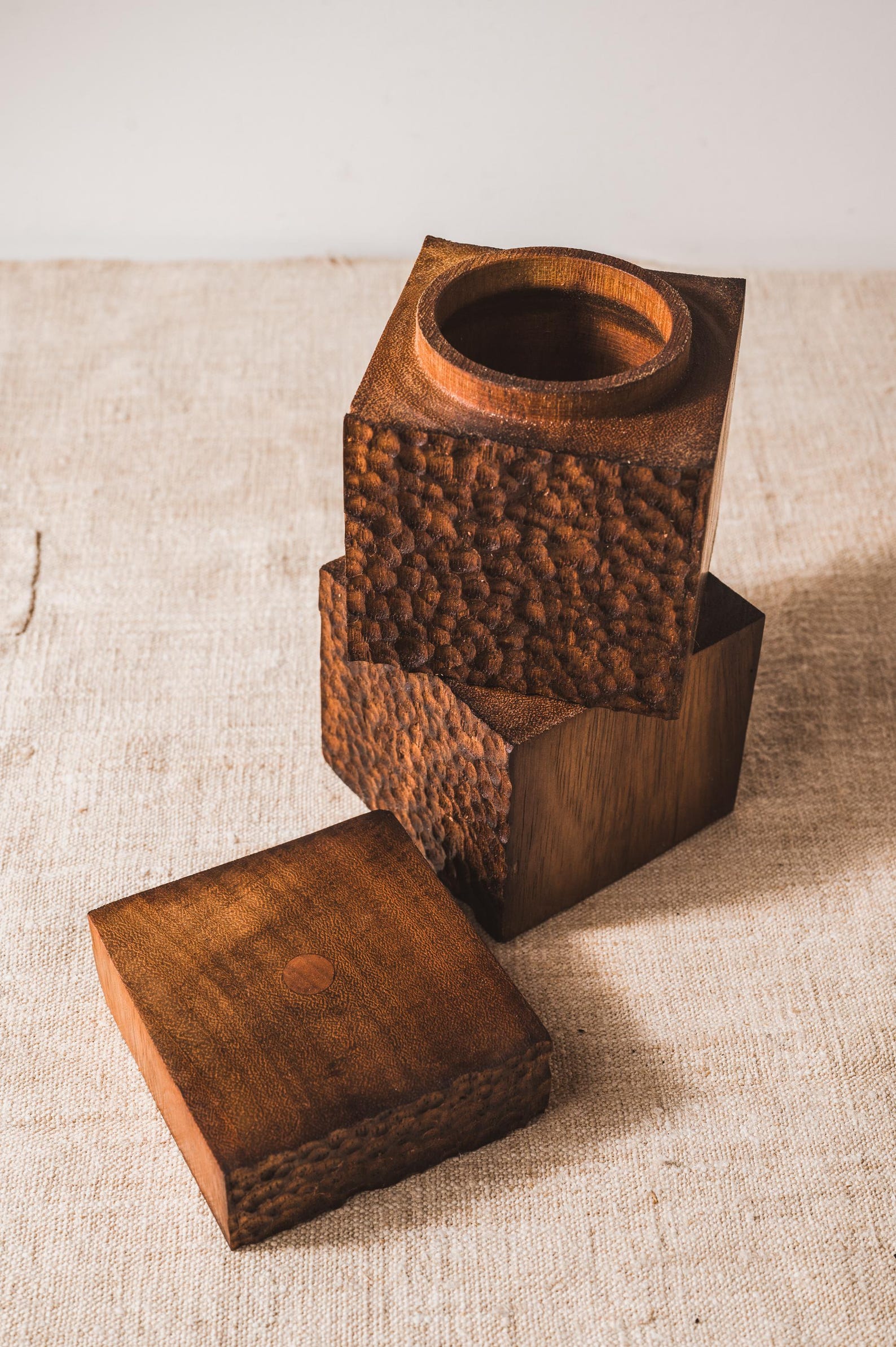 Double Cubic Box, Modular Totem in IROKO Wood, Turned and Carved by ...