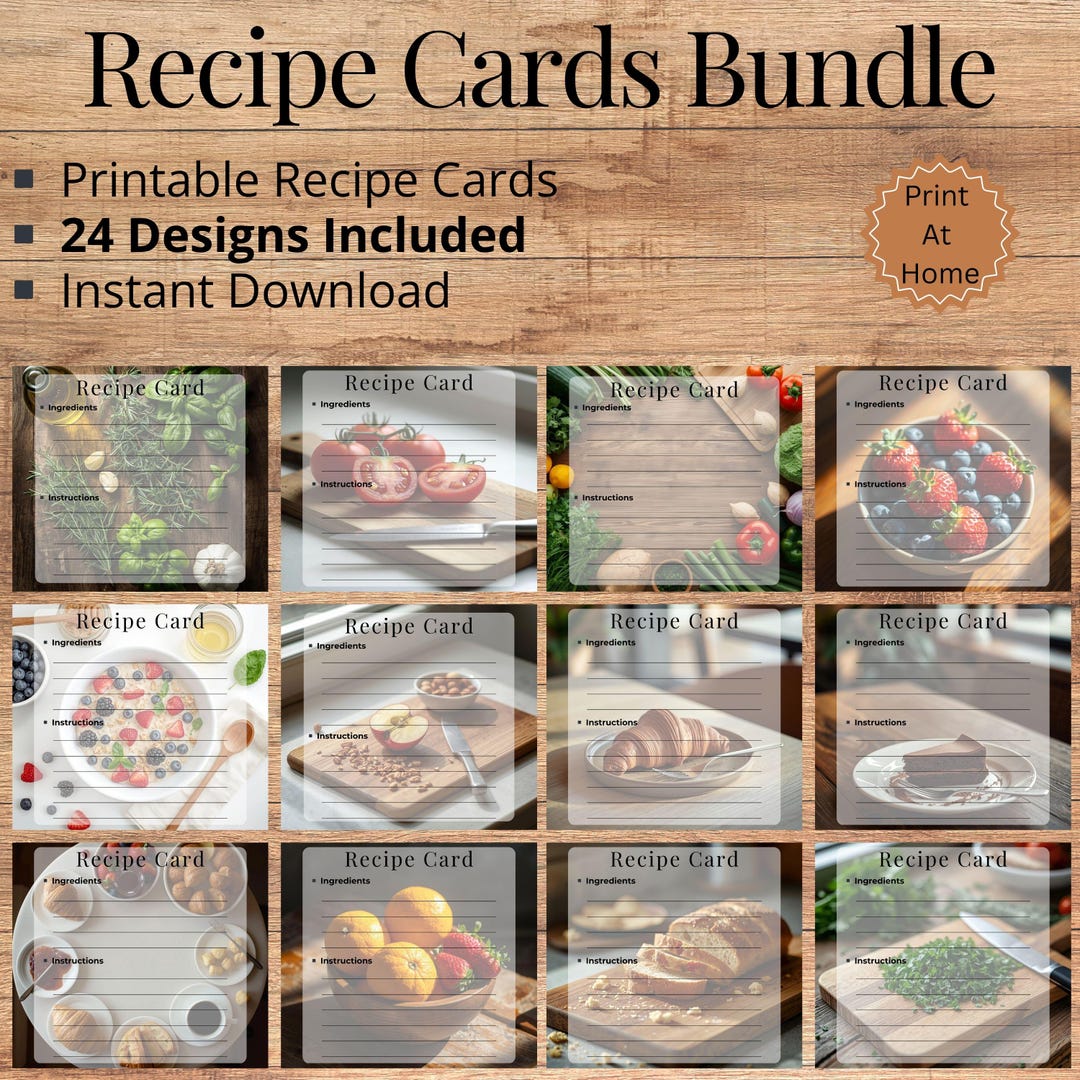 Printable Recipe Cards Bundle, 24 Designs, Kitchen Template (instant ...