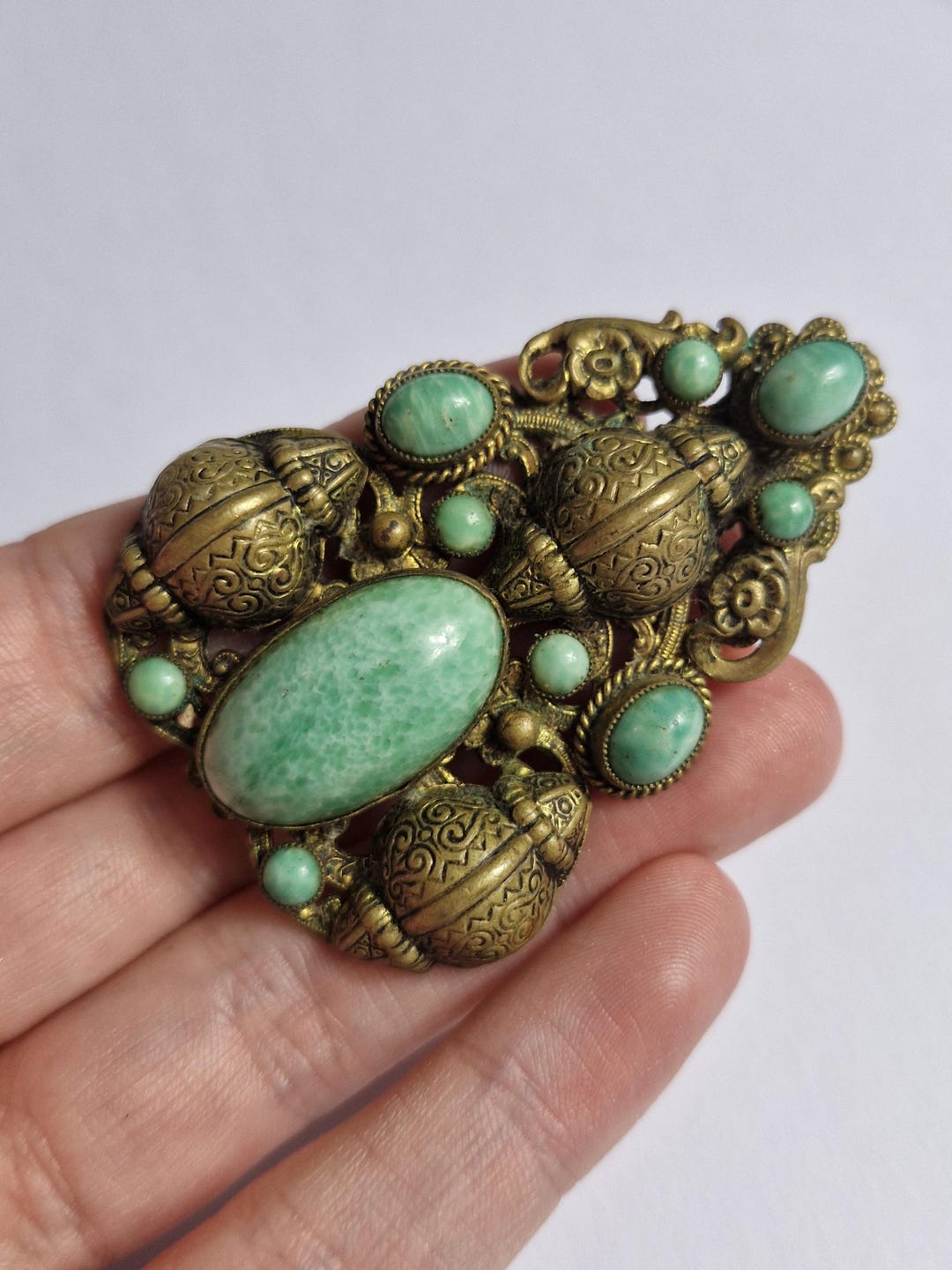 SALE Vintage Art Deco 1920's Max Neiger Brass Green Peking Glass Brooch ...