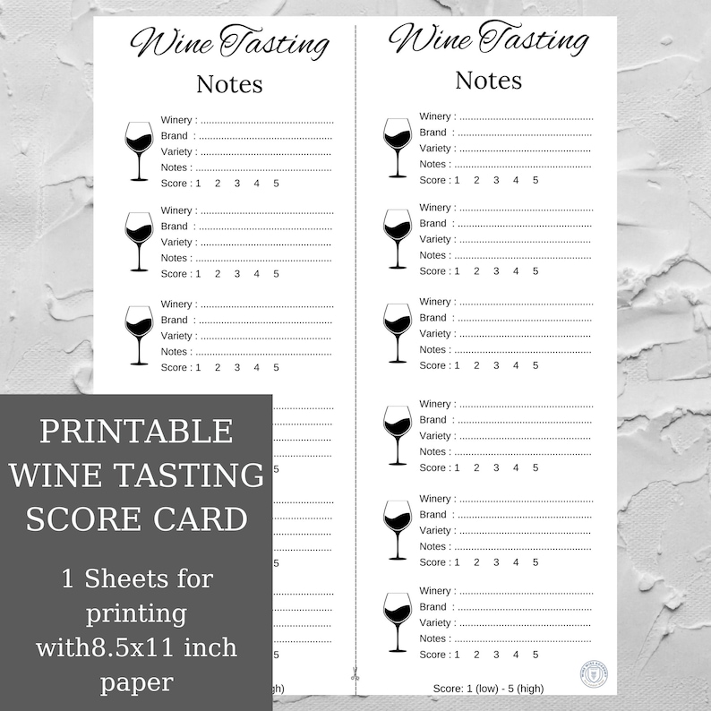 Wine Score Cards Wine Tasting Card Printable Wine Tasting Notes for 6 ...