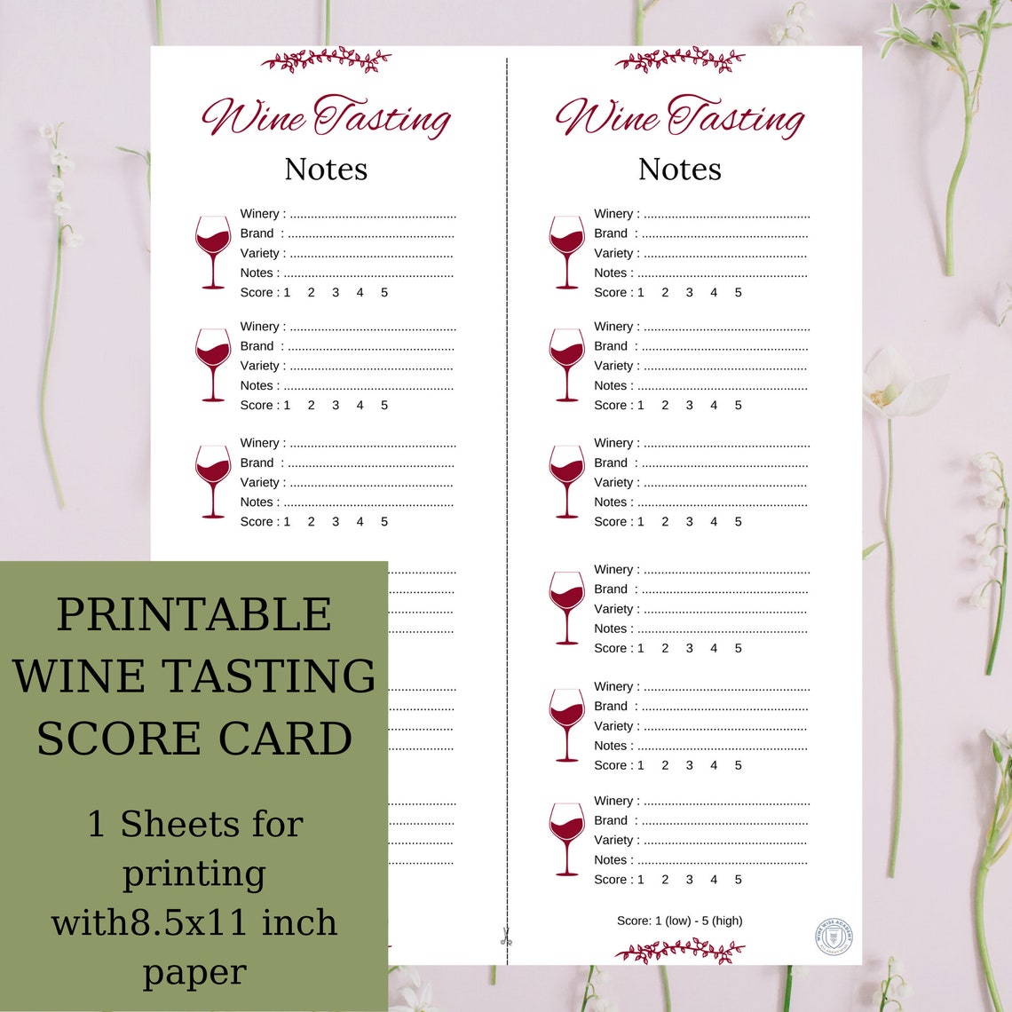 Wine Score Cards - Wine Tasting Card Printable - Wine Tasting Notes for ...