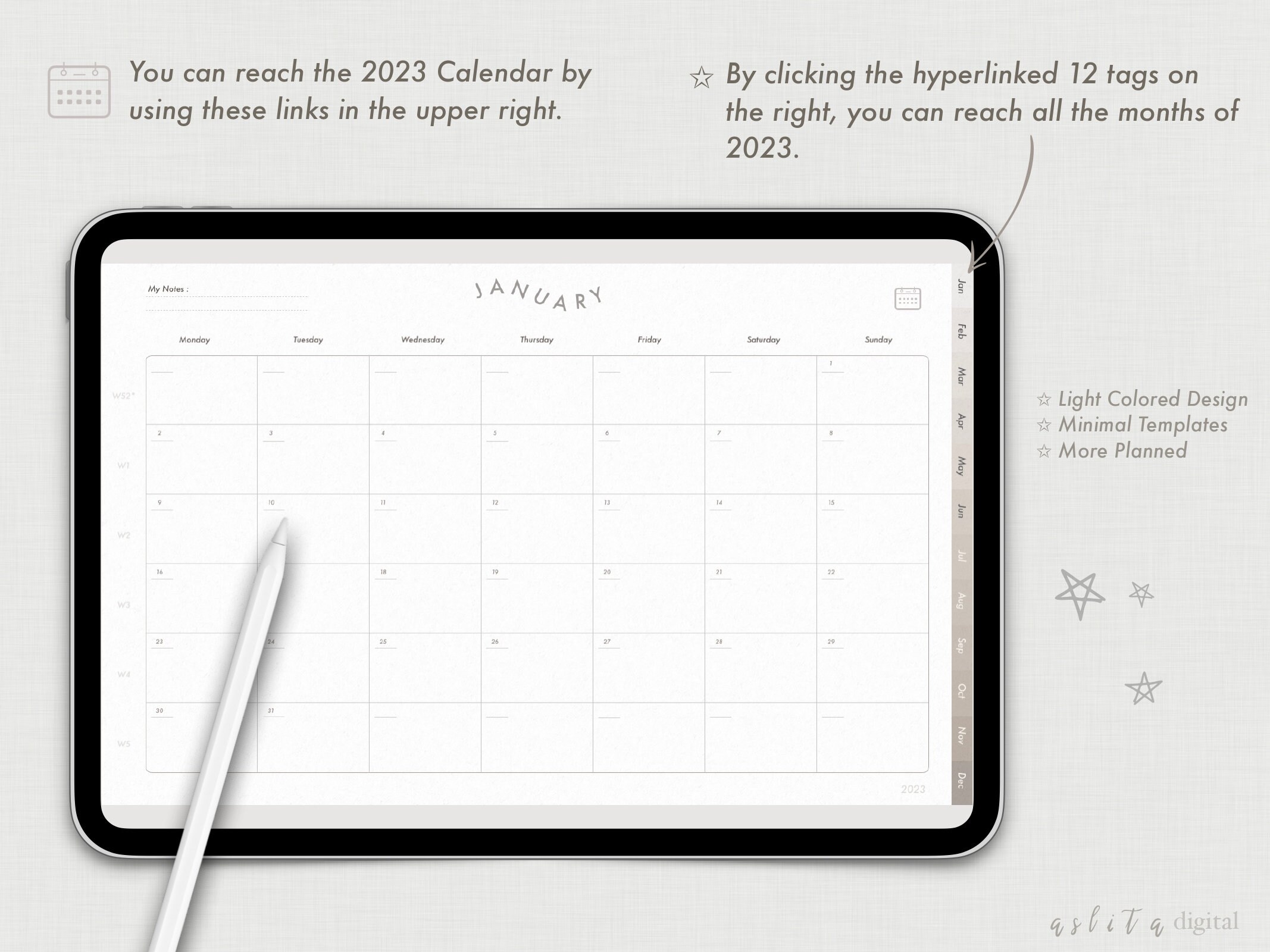 Digital Calendar 2023 / Monthly Planner / Easily Hyperlinked / Minimal ...