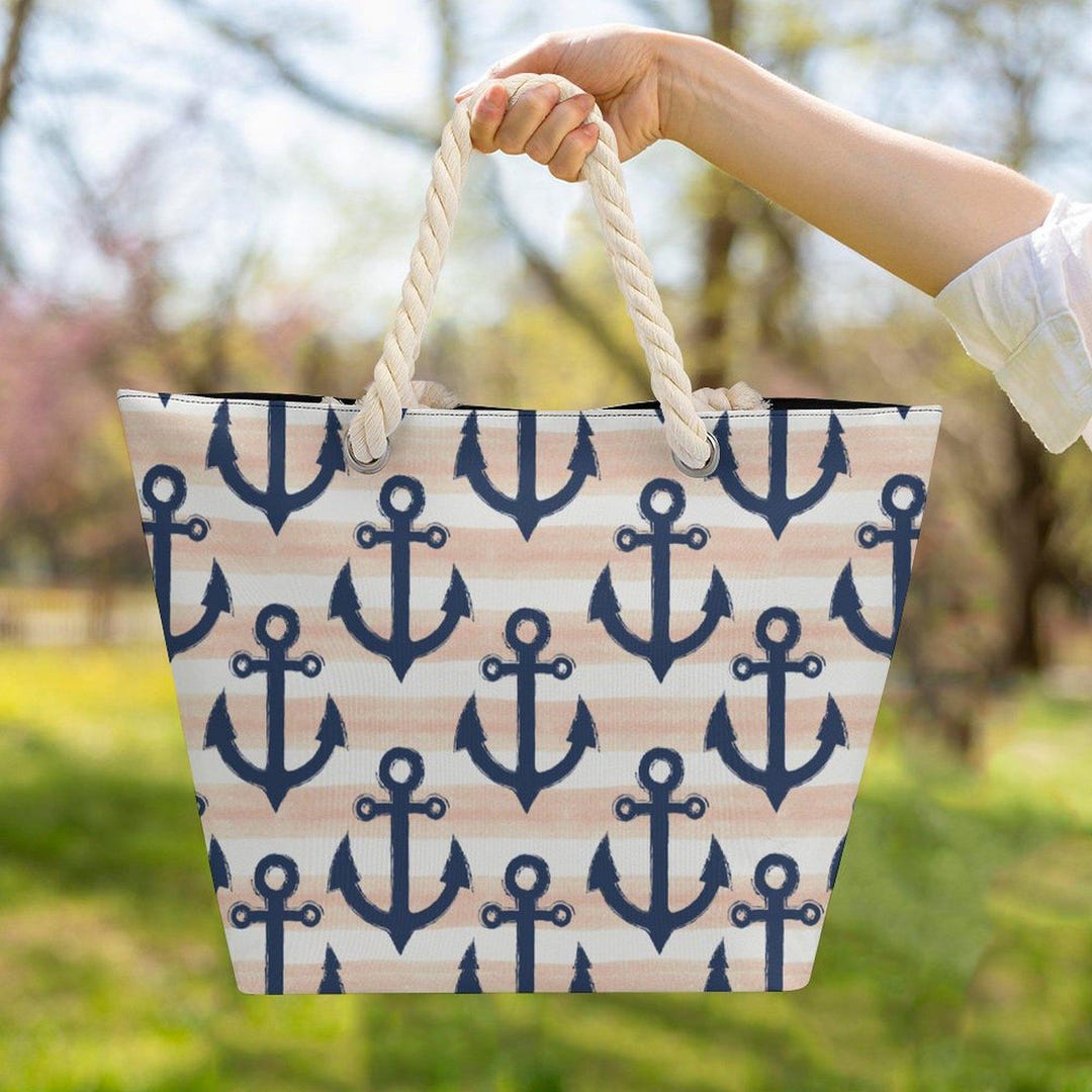 Anchor Print Tote Bag: Hemp Rope Handles, Zippered Beach Bag - Etsy