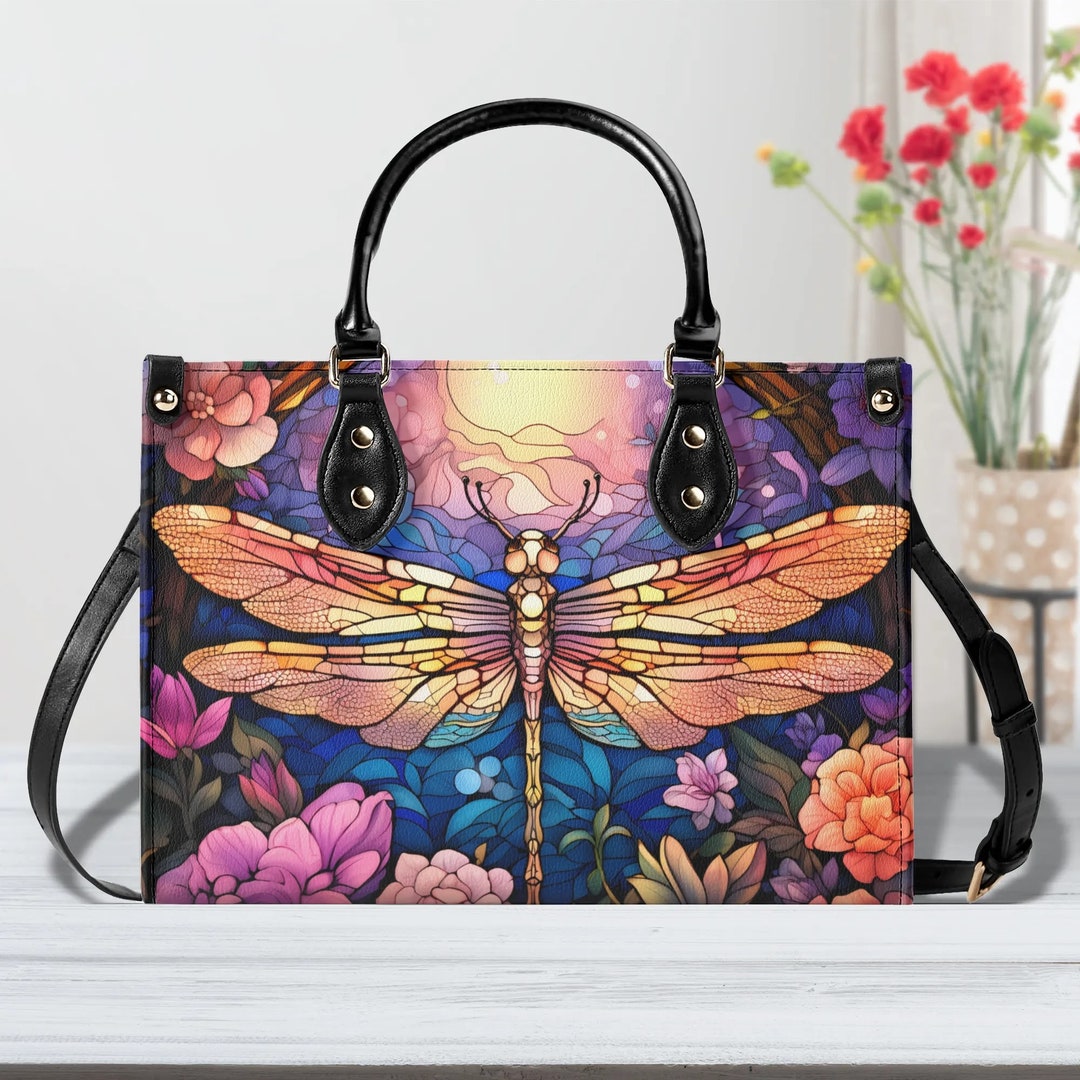 Stained-glass Dragonfly Tote Handbag. Colorful Handbag, Waterproof PU ...