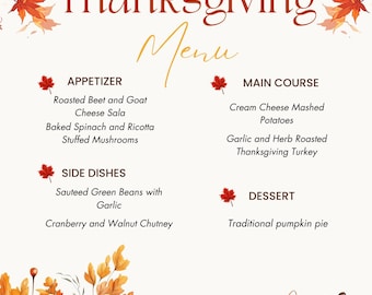 Thanksgiving Menu Digital Editable Download, Thanksgiving Menu ...