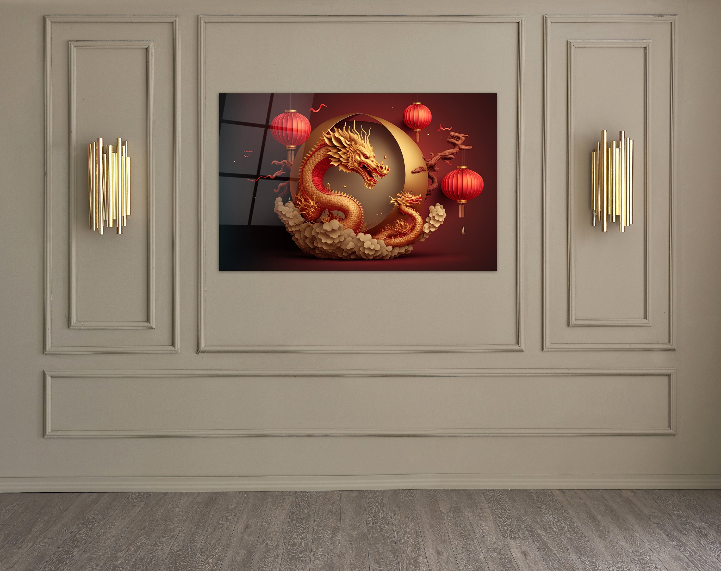 Chinese Dragon Wall Art on Tempered Glass, Golden Dragon Wall Hanging ...