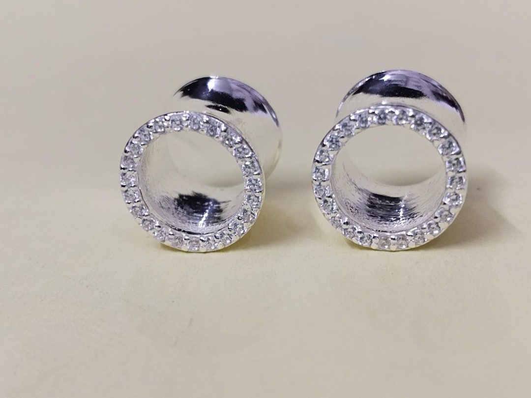 1 Pair Sterling Silver CZ Round Tunnel Plug: Handmade Convex Ear Gauges ...