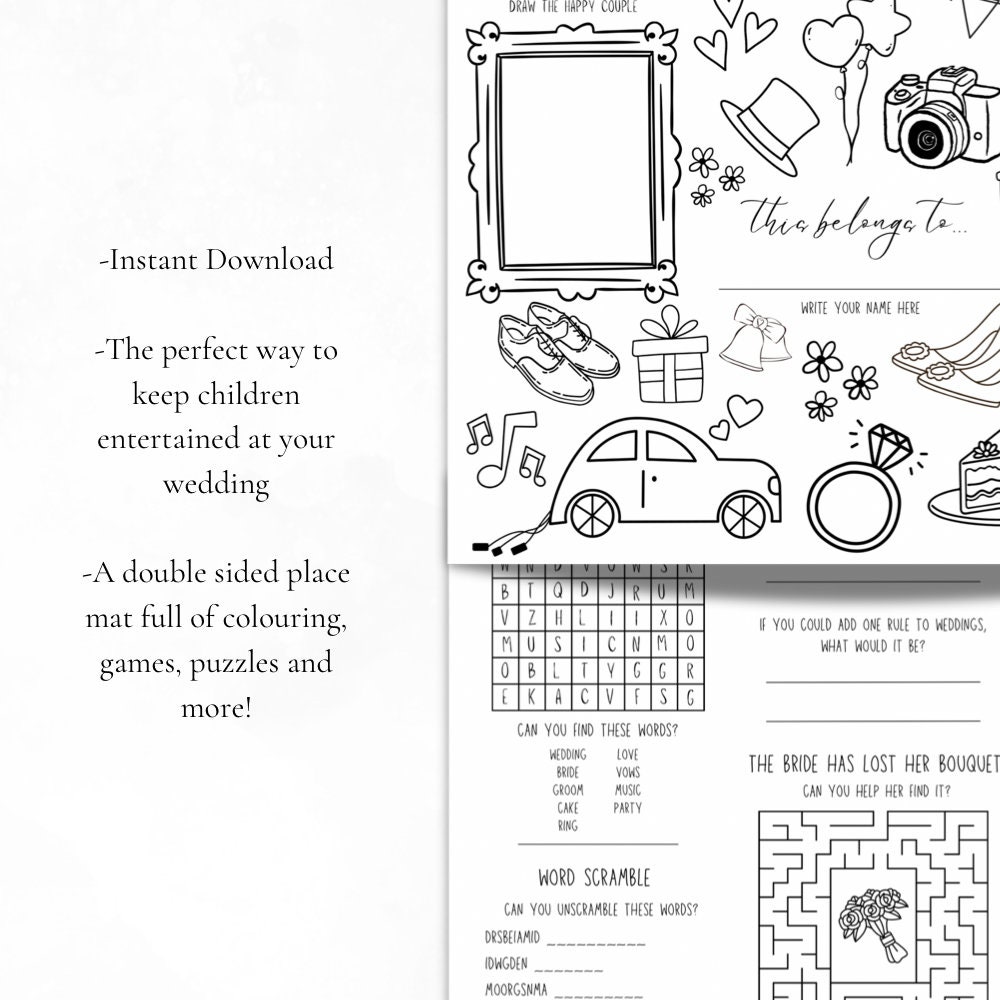 DIGITAL Download Children's Activity Pack Place Mat for Wedding - Kid ...
