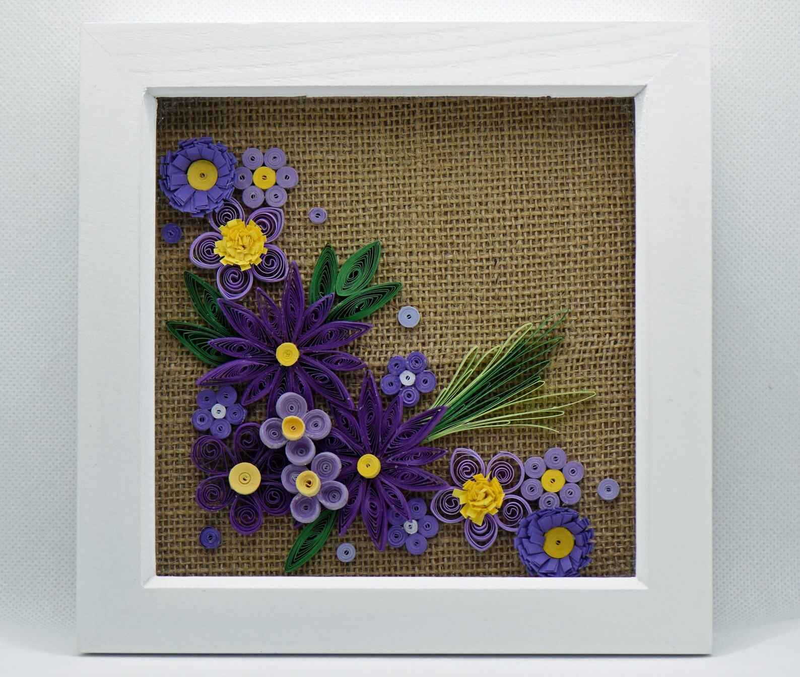 Hand Quilled Paper Wall Art, White Box Frame, Flowers, Purple, Hessian ...