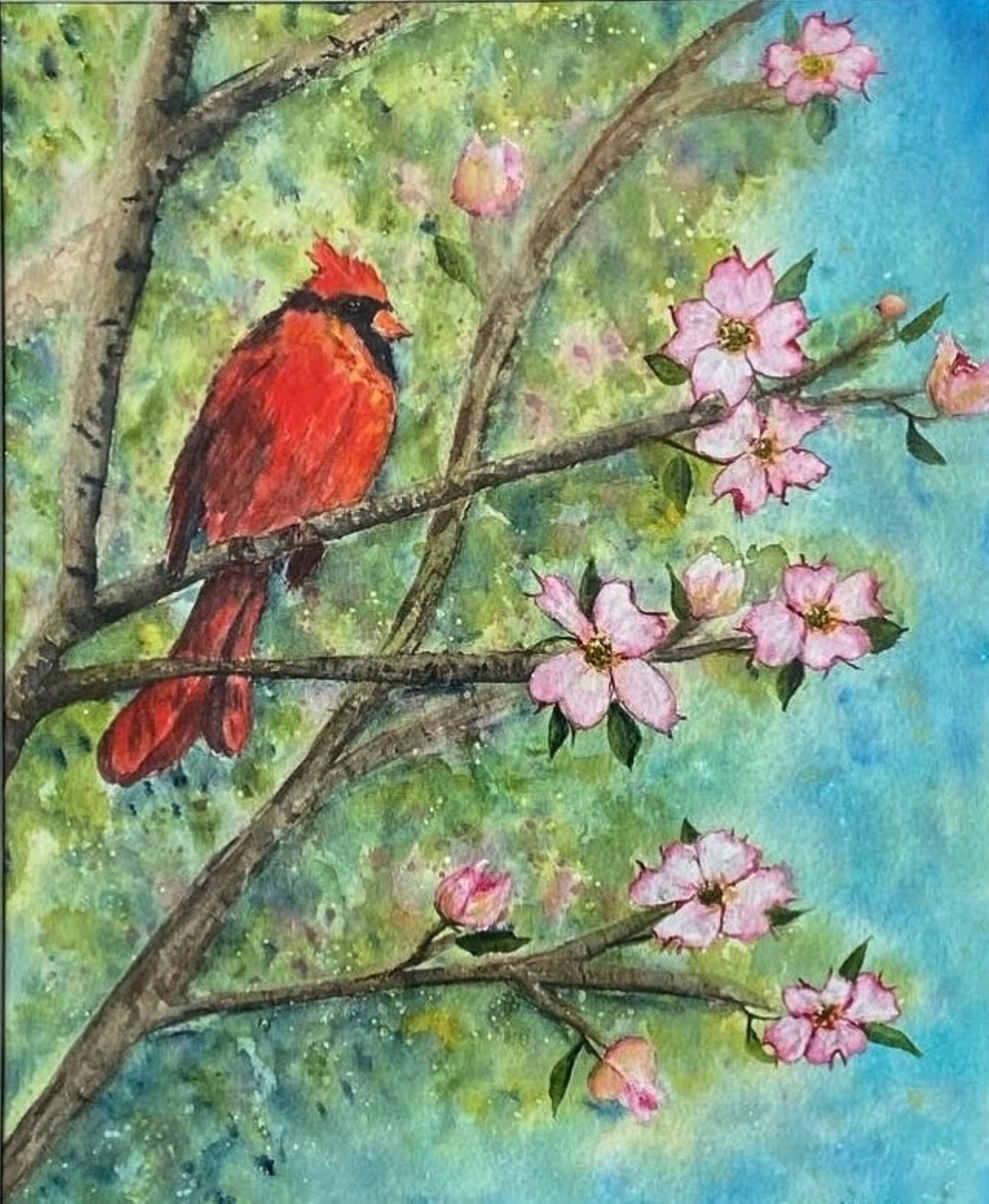 Cardinal in a Dogwood Tree Painting Watercolor Wall Art (8"x10") (FINE ...