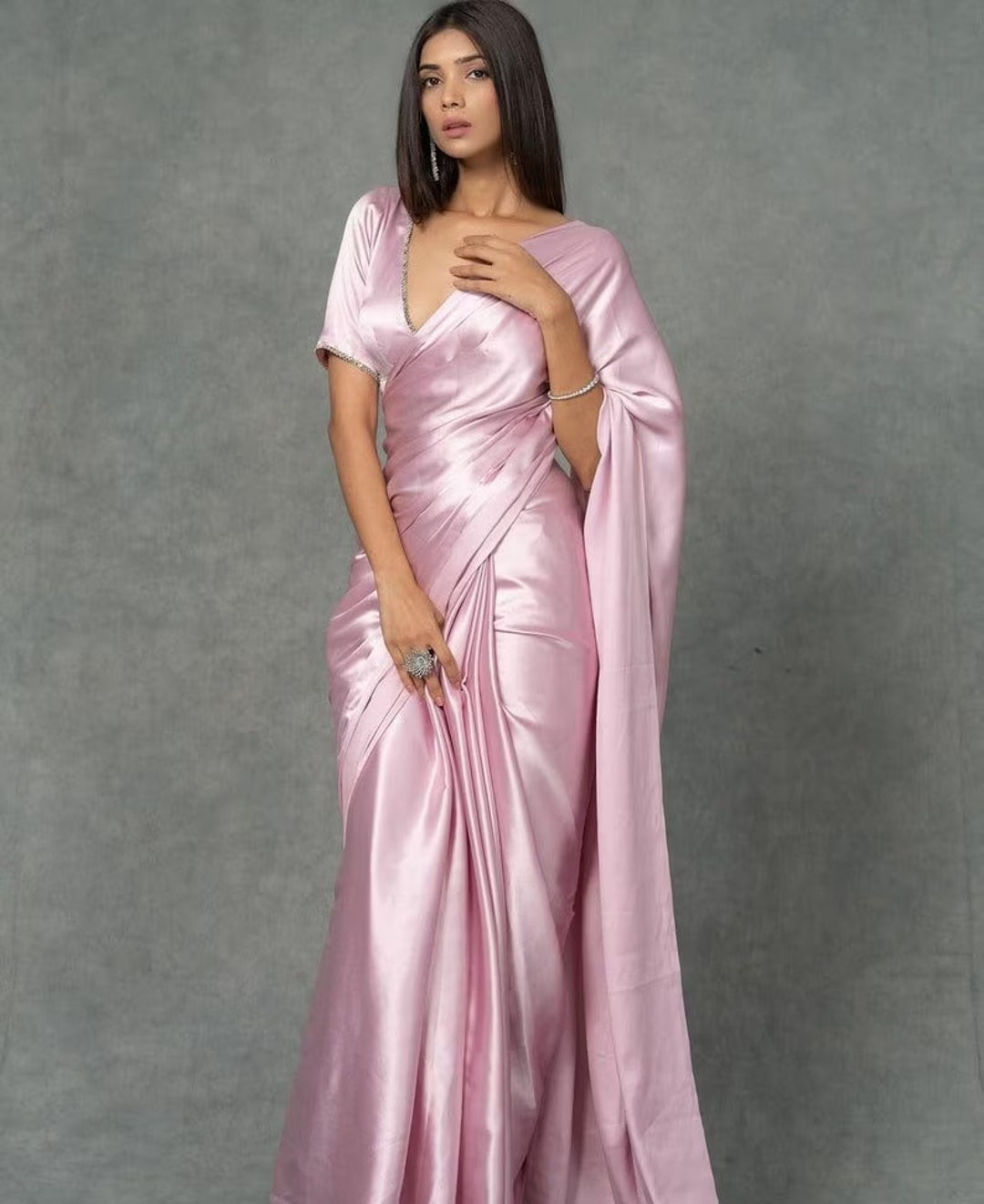 Beautiful Baby Pink/dark Pink Satin Silk Partywear Saree, Wedding ...