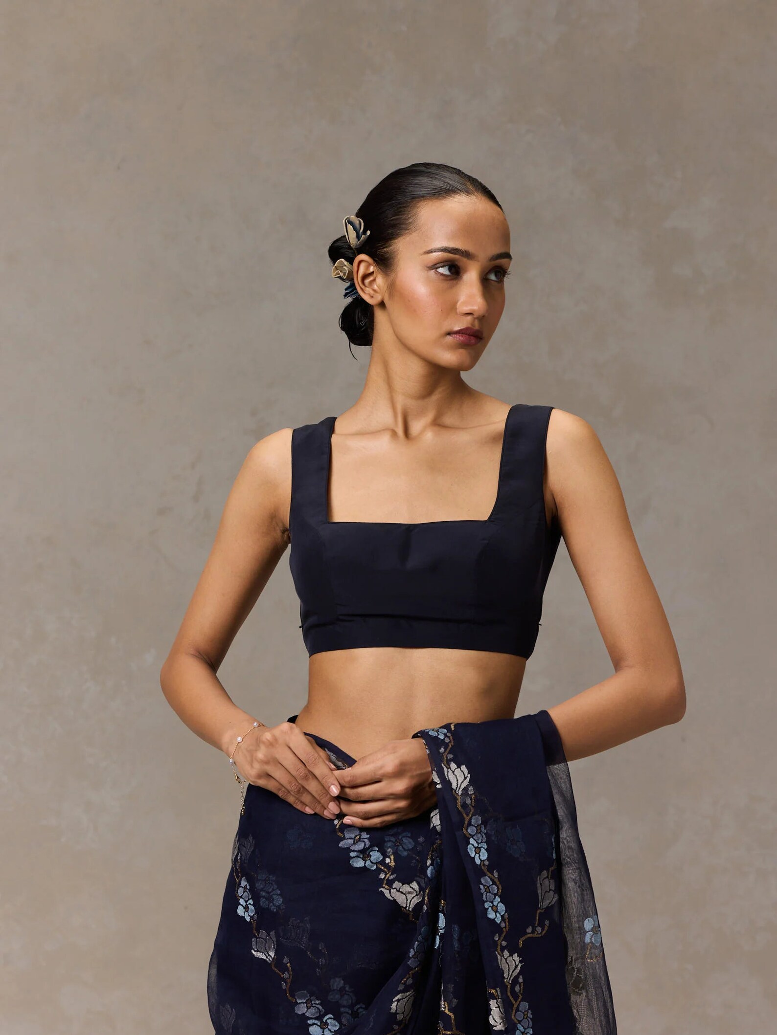 Navy Blue Pure Silk Organza Square Neck Blouse With Bow, Wedding ...