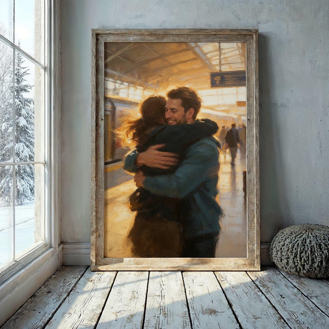Romantic Reunion Train Station Print – Couple Embracing Love Wall Art ...