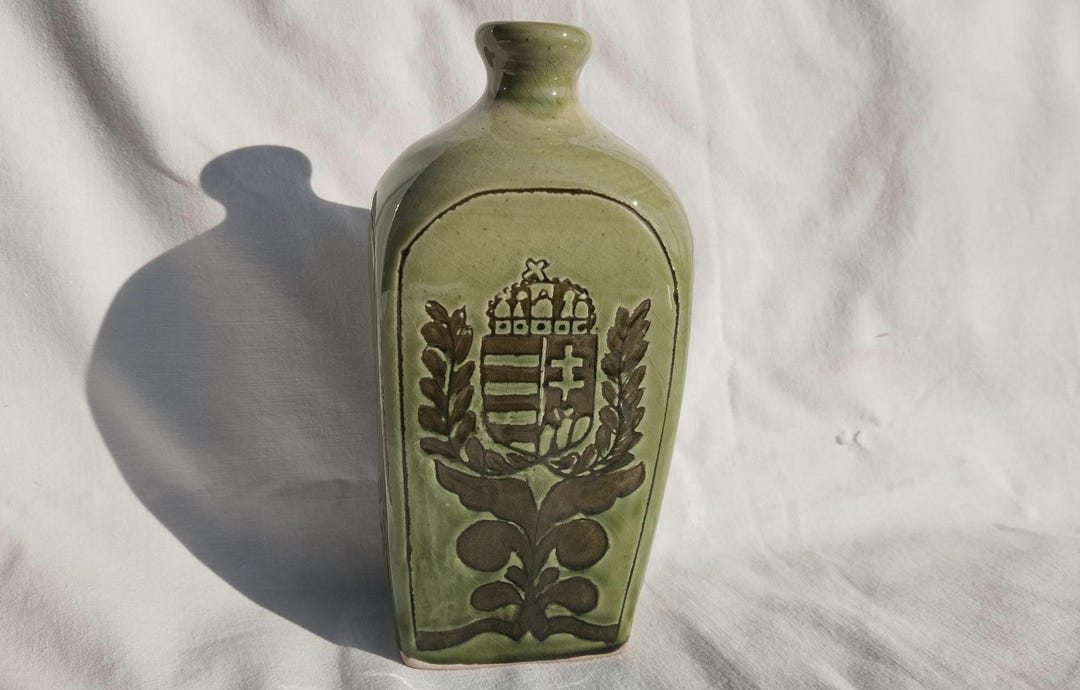 Folk Ceramic Traditional Hungarian Green Glazed Flask, Ceramic Water ...