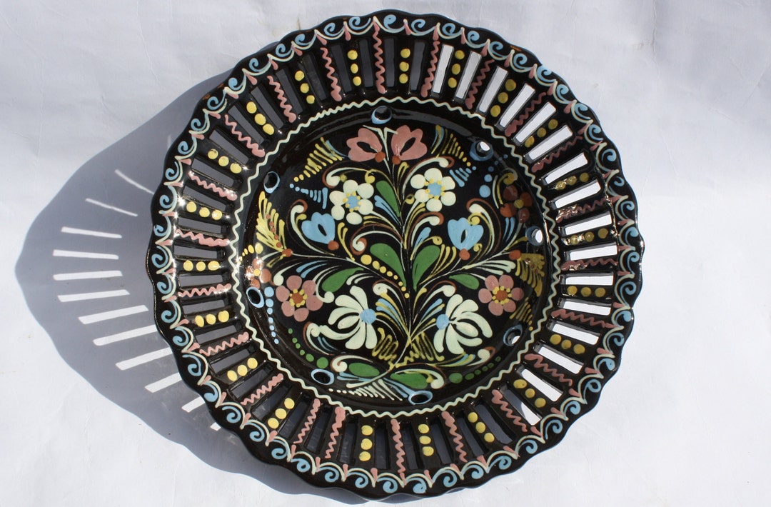 Reticulated Black Flower Design Plate, Handpainted Wall Plate, Black ...