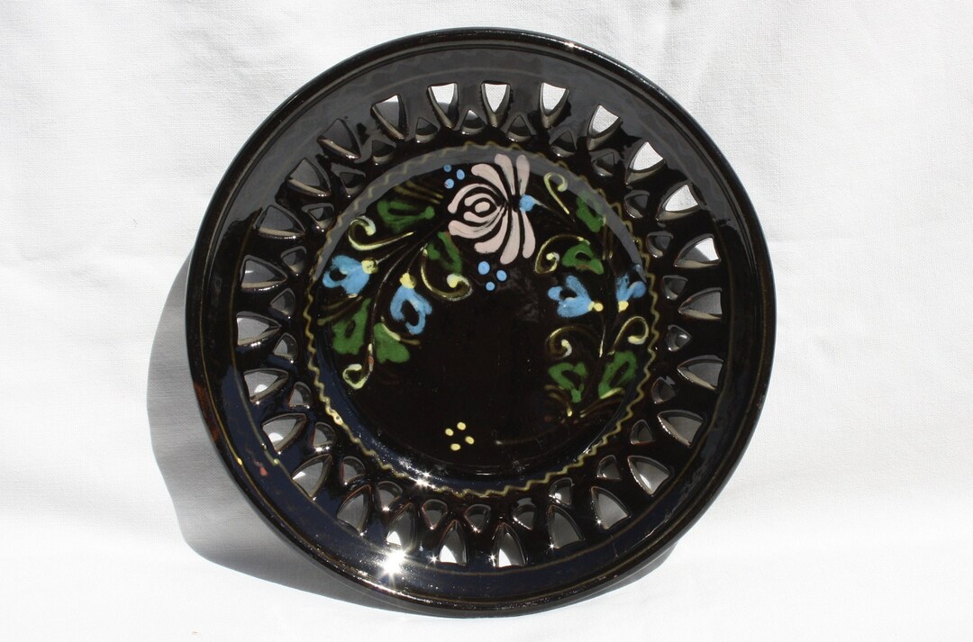 Reticulated Black Flower Design Plate, Handpainted Wall Plate, Black ...