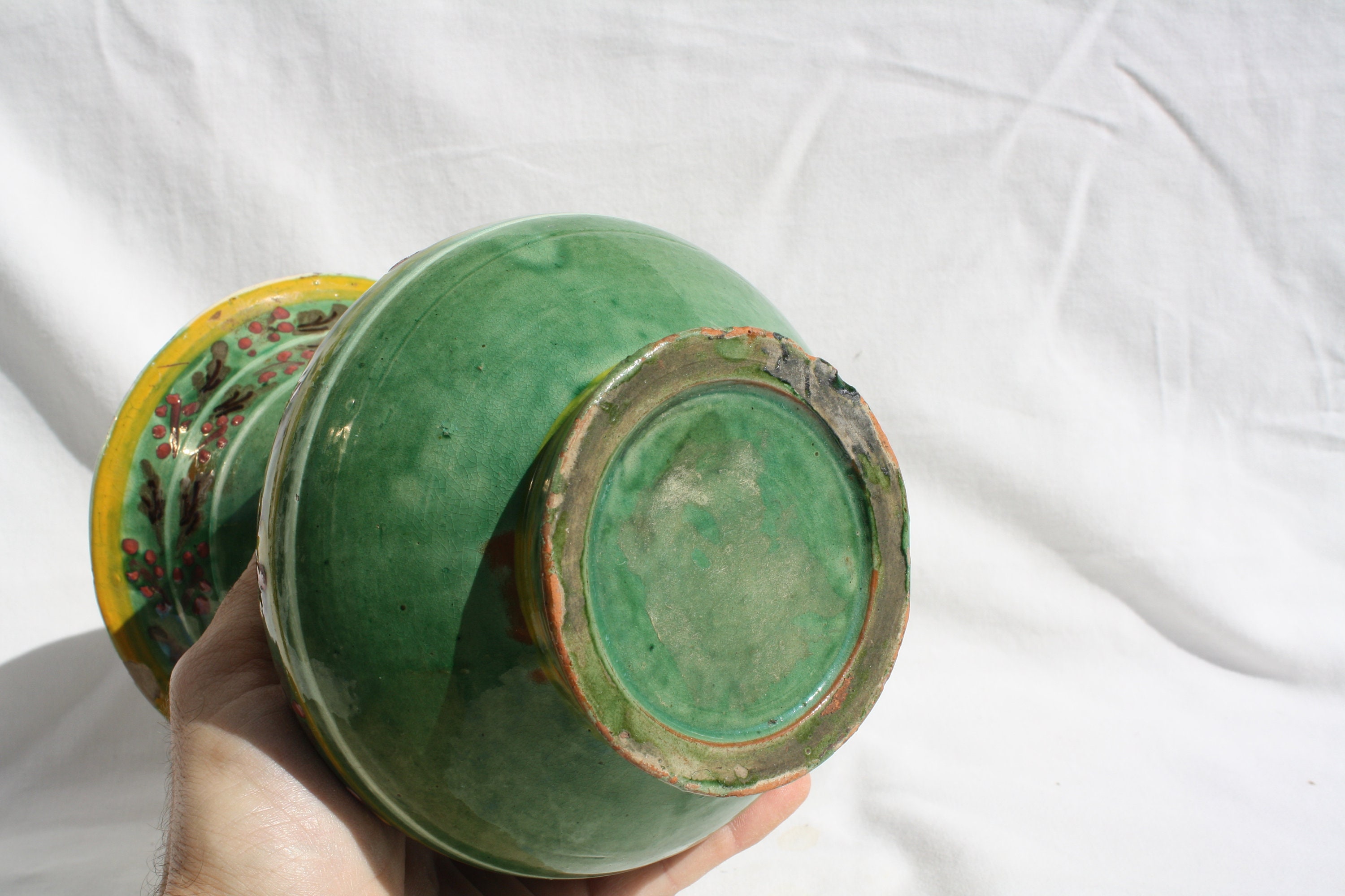 Antique Green Glazed Flower Decorated Vase, Traditional Folk Stoneware ...