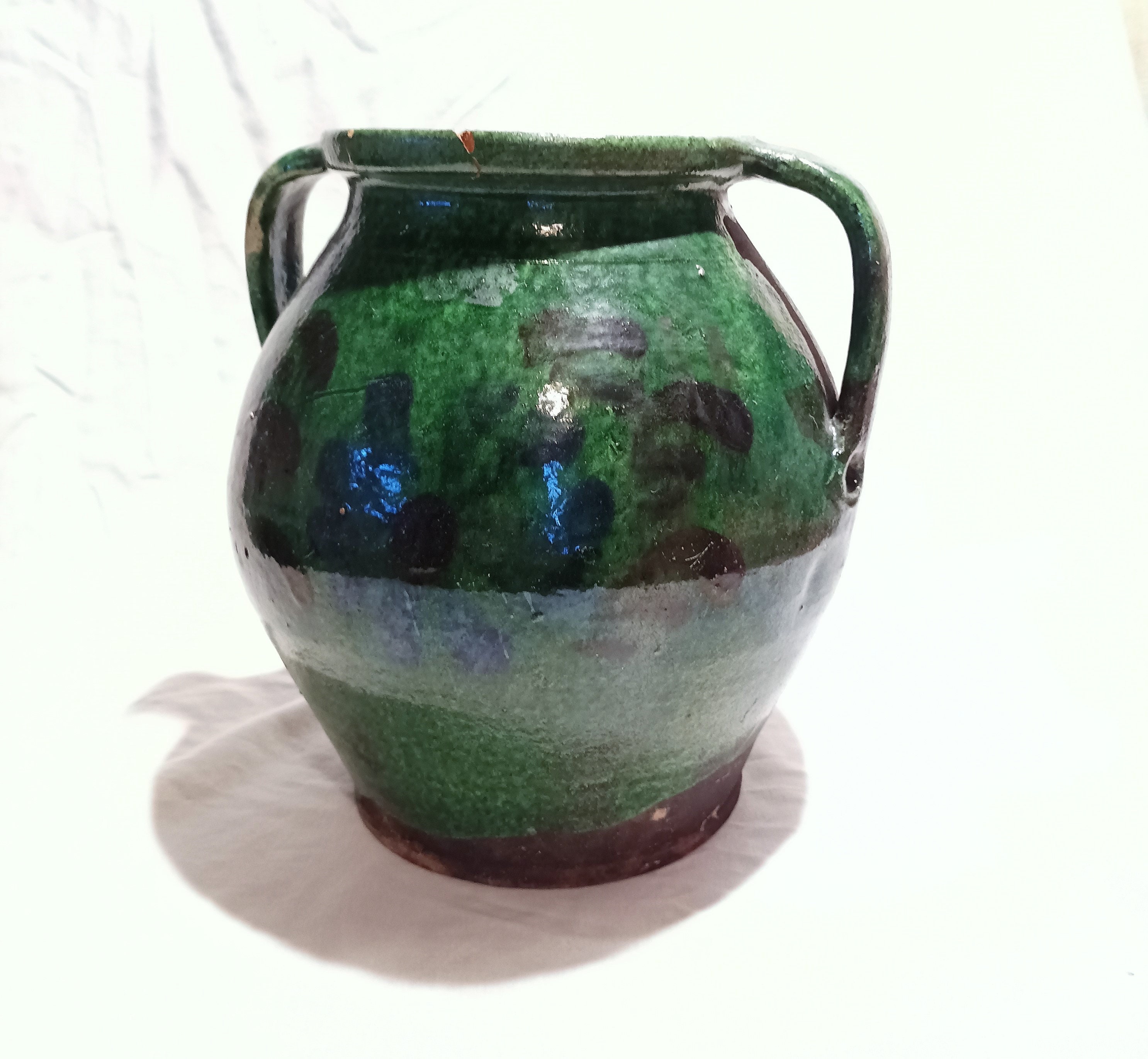 Antique Huge Green Glazed Jug Pot, Traditional Folk Stoneware Pottery ...