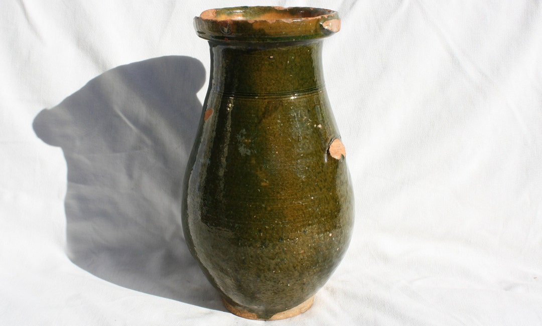 Antique Green Glazed Jug, Traditional Folk Stoneware Pottery, Rare Folk ...