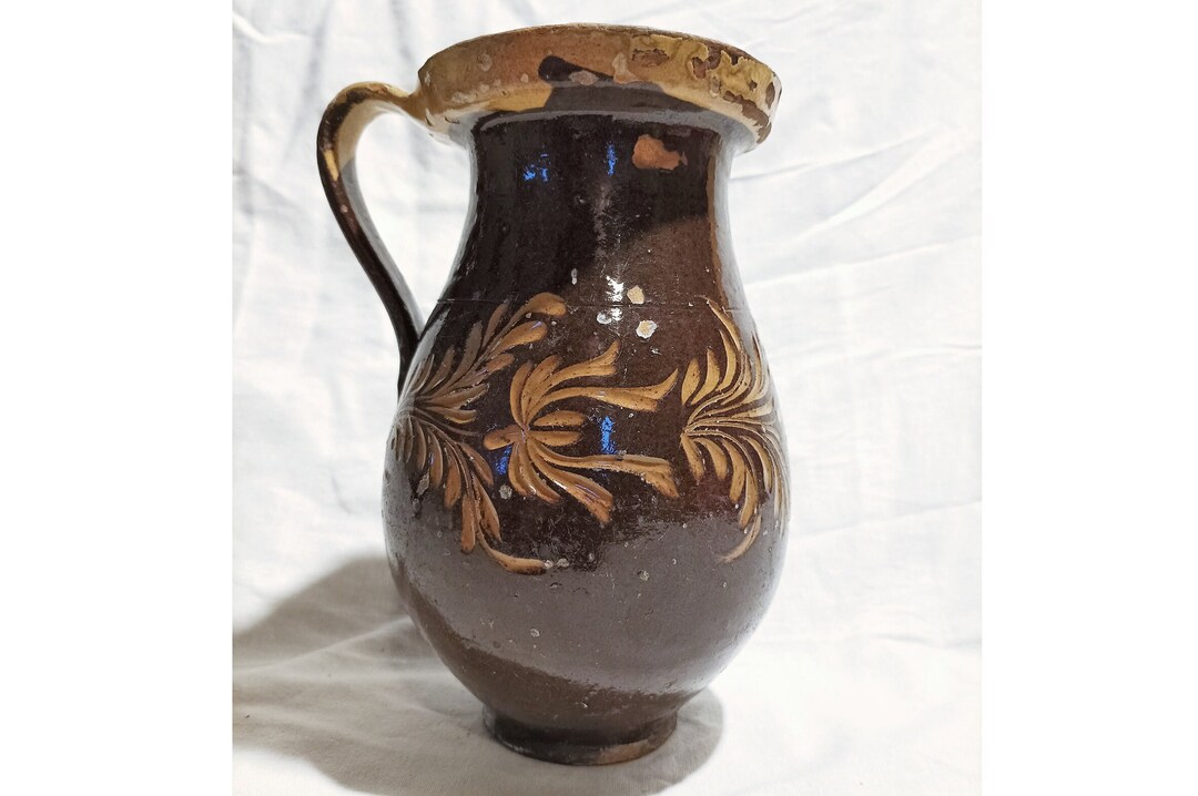 Antique Hungarian Sgraffito Ceramic Pitcher: Brown Folk Art Bottle - Etsy