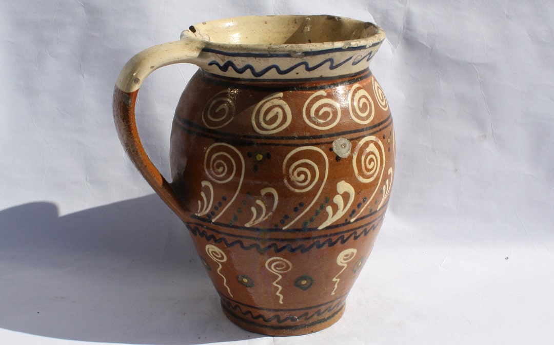 Antique Hungary 19th Century Traditional Jug, Line Decorated Brown Jug ...
