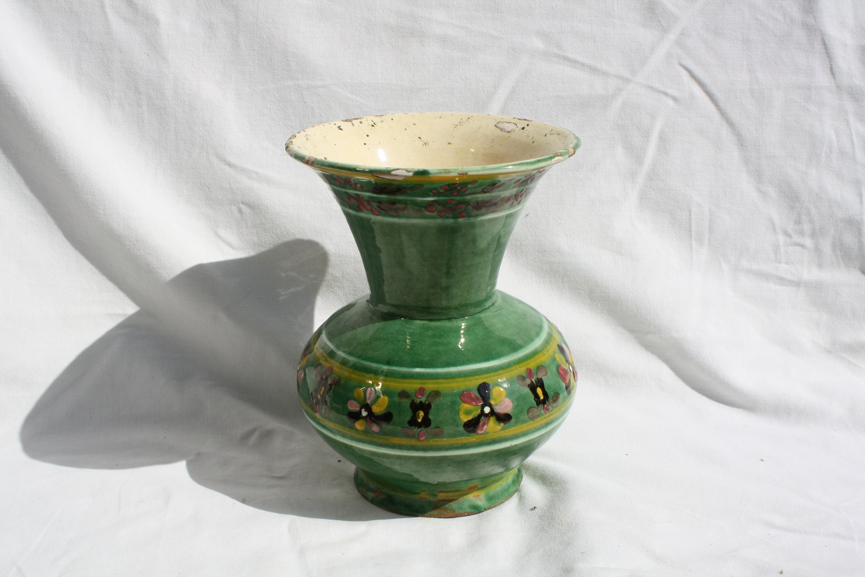 Antique Green Glazed Flower Decorated Vase, Traditional Folk Stoneware ...