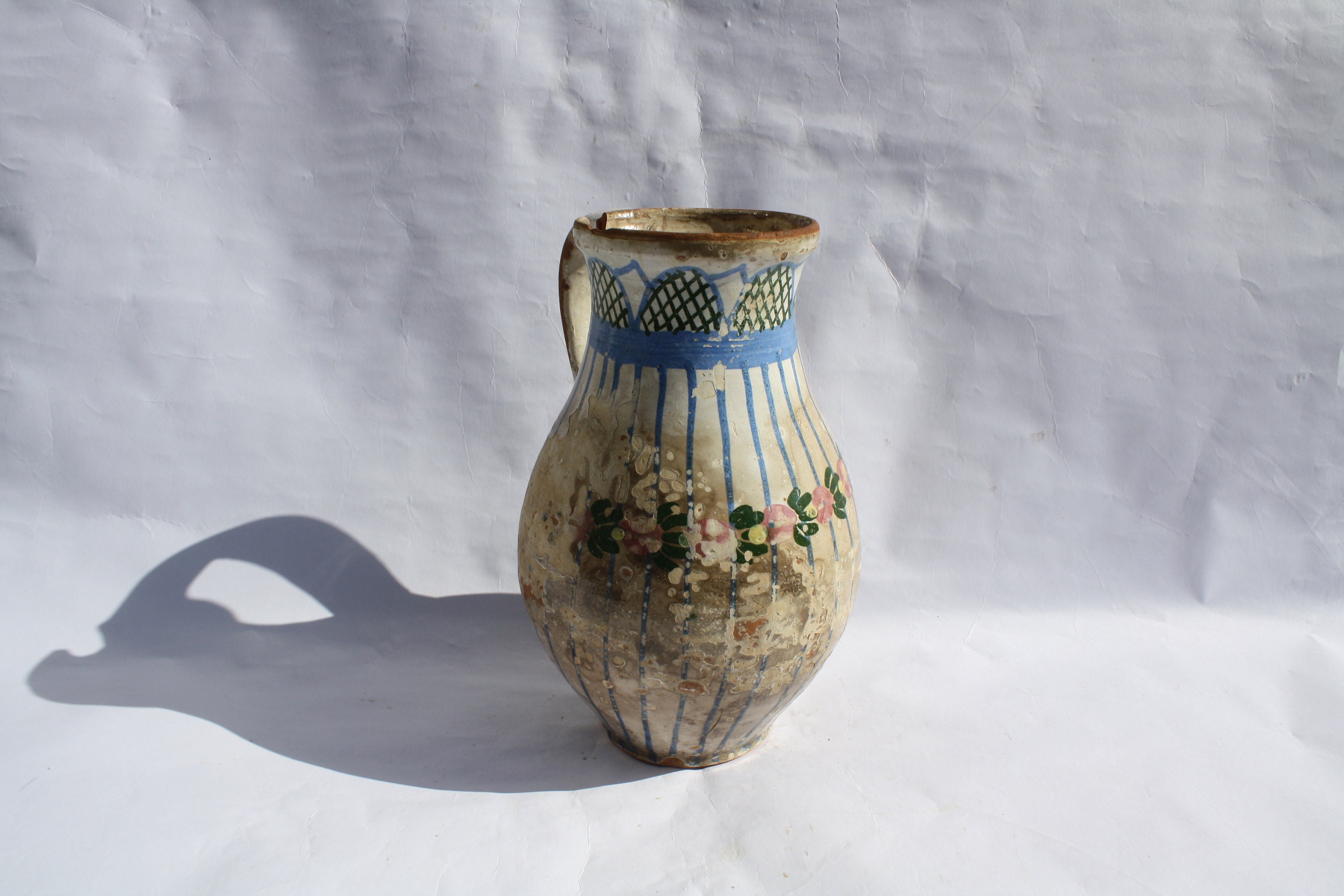 Antique Hungarian White Glazed Blue Banded Folk Pitcher, Traditional ...