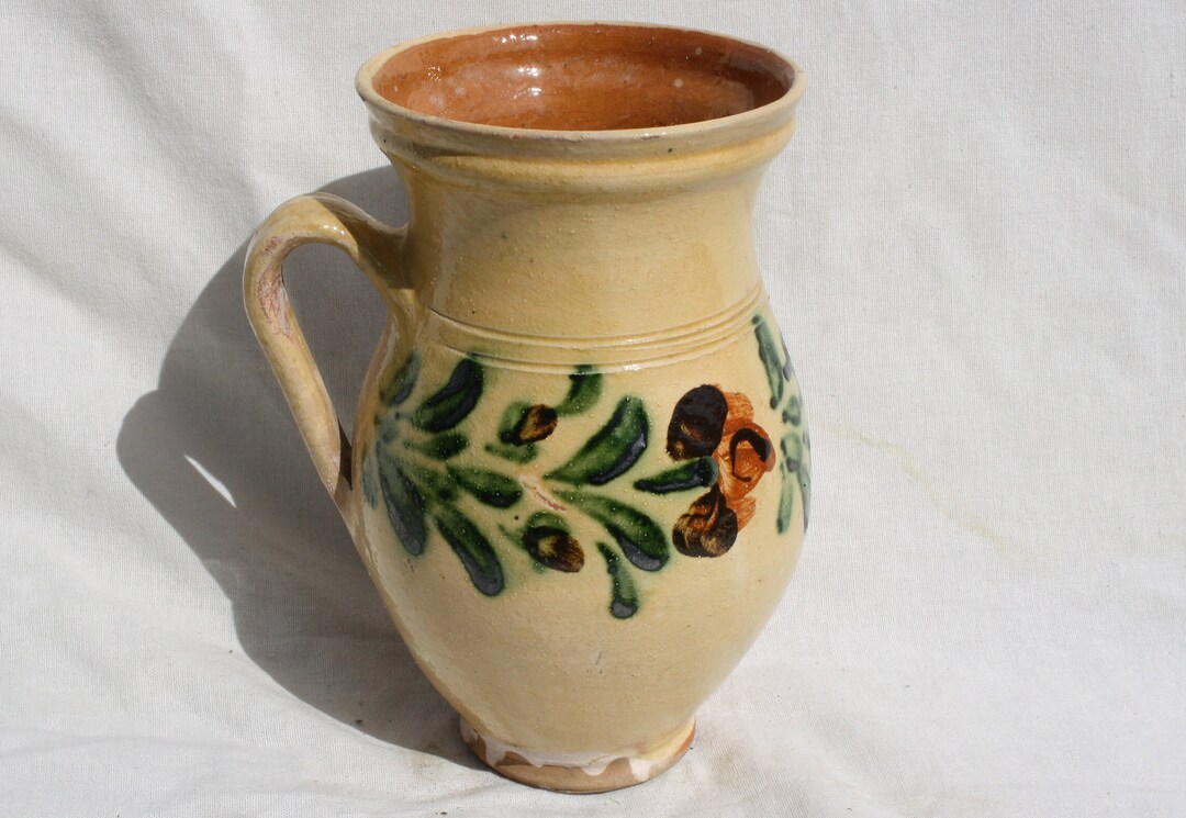 Antique Traditional Folk White Milk Jug, Stoneware Flower Decorated ...