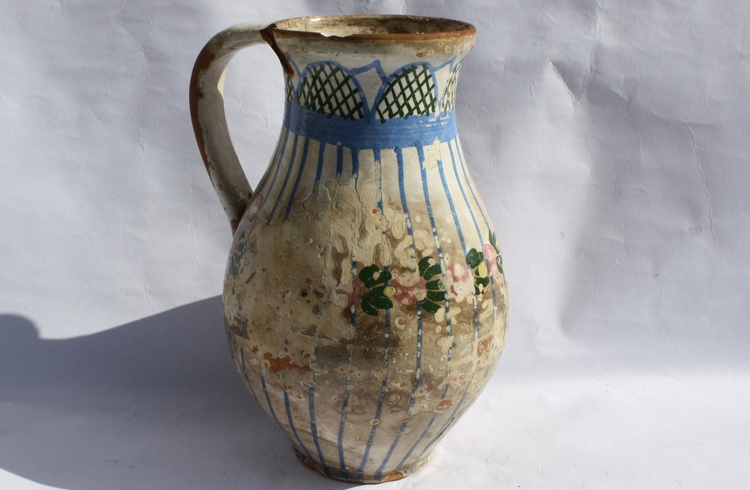 Antique Hungarian White Glazed Blue Banded Folk Pitcher, Traditional ...