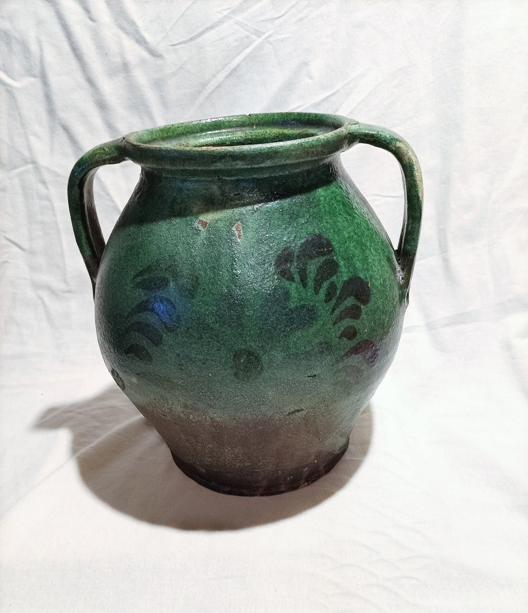 Antique Huge Green Glazed Jug Pot, Traditional Folk Stoneware Pottery ...