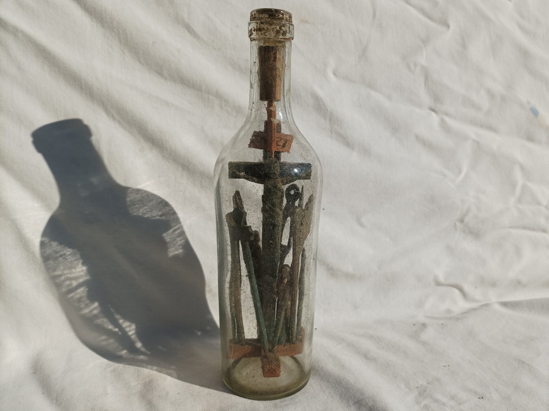 Antique Hungarian Impossible Bottle With Cross and Christ, Traditional Folk Tricky Bottle ...