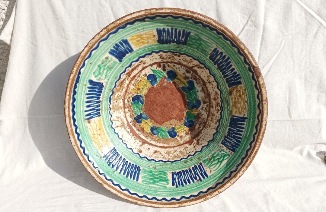 Antique Huge Stoneware Hungarian Pottery, Green and Blue Lined Designed ...