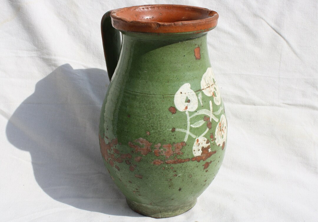 Antique Green Glazed Jug, Traditional Folk Stoneware Pottery, Rare Folk ...