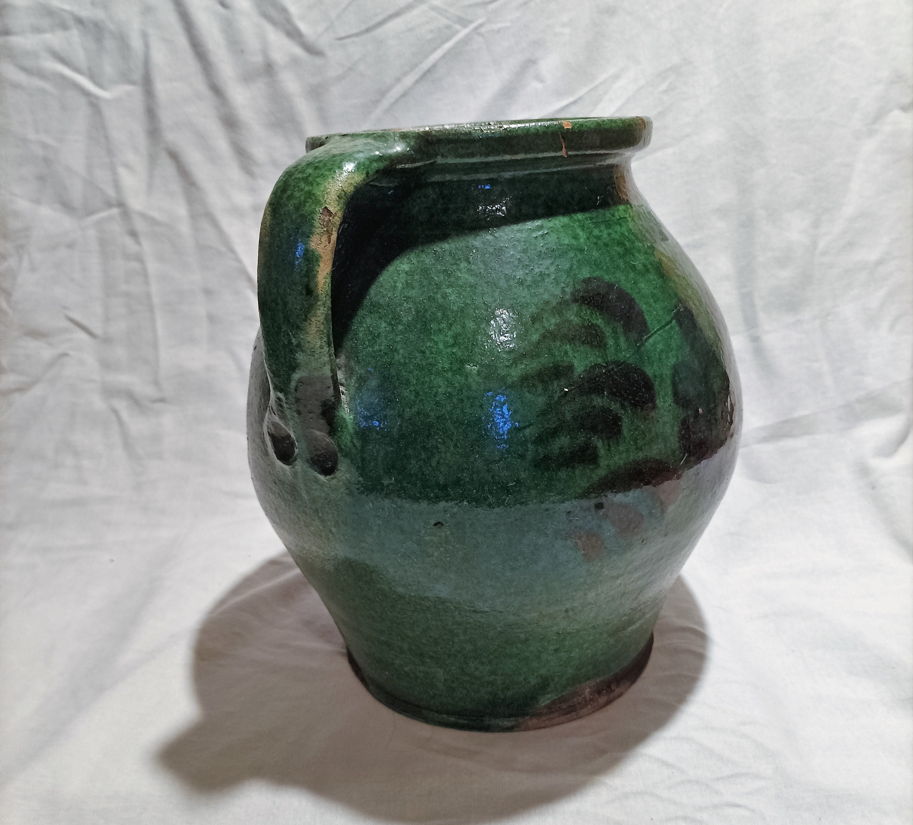 Antique Huge Green Glazed Jug Pot, Traditional Folk Stoneware Pottery ...