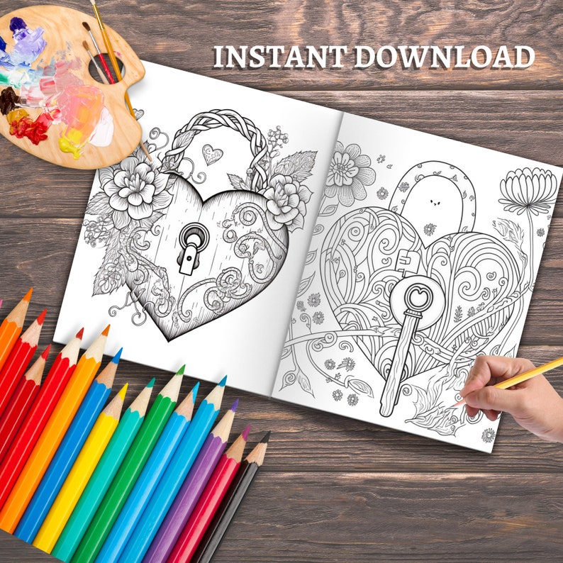 Floral Hearts Love Heart Lock Coloring Pages : Hand-drawn | Printable ...