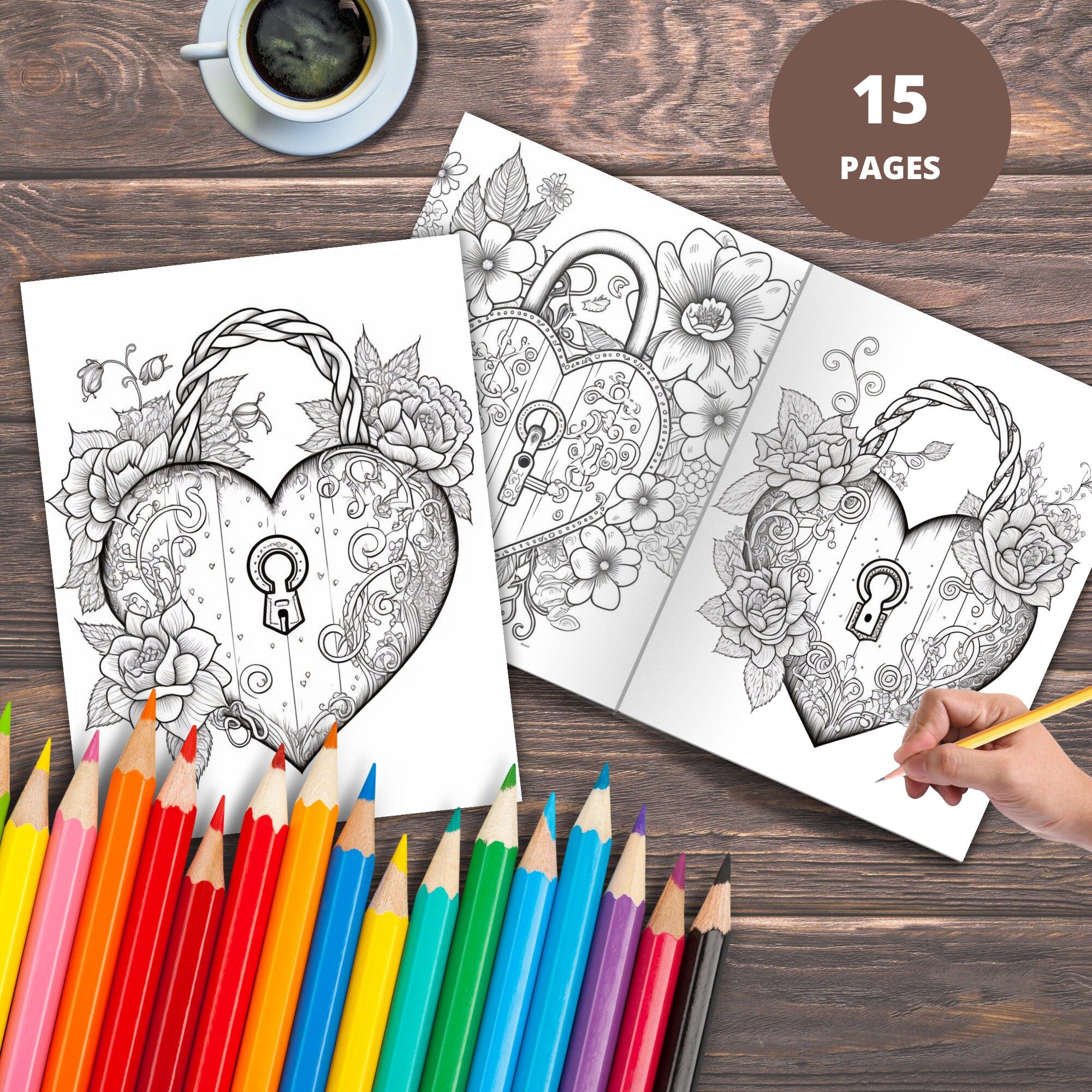Floral Hearts Love Heart Lock Coloring Pages : Hand-drawn | Printable ...