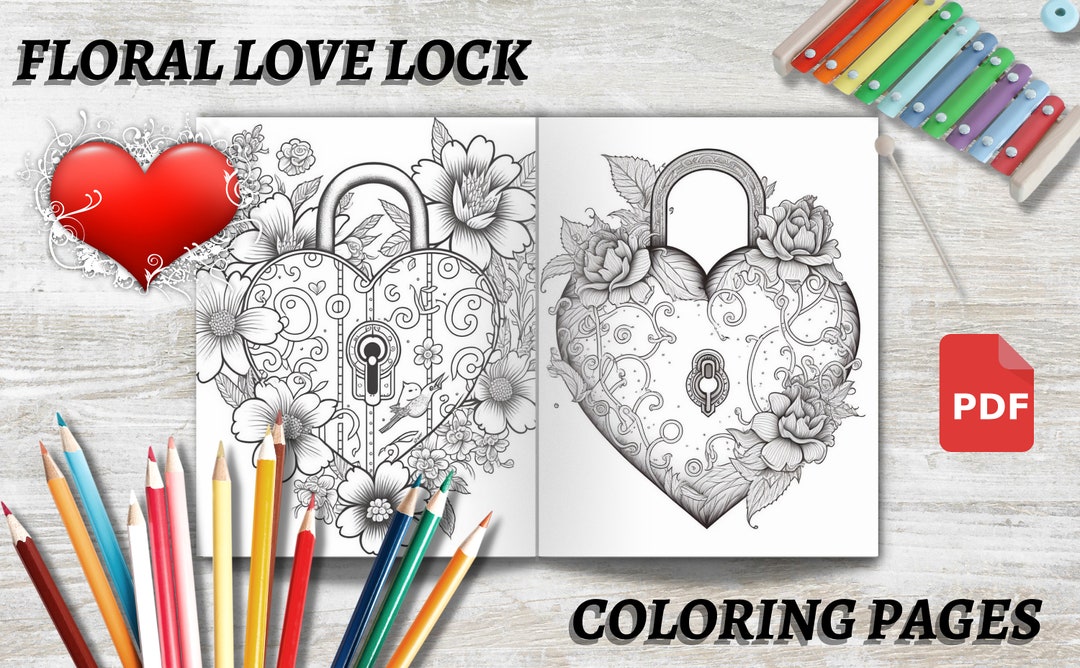 Floral Hearts Love Heart Lock Coloring Pages : Hand-drawn | Printable ...