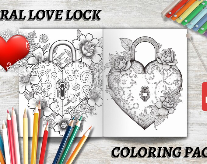 Love Locks Coloring Book, Floral Heart Padlock Coloring Pages, Love ...
