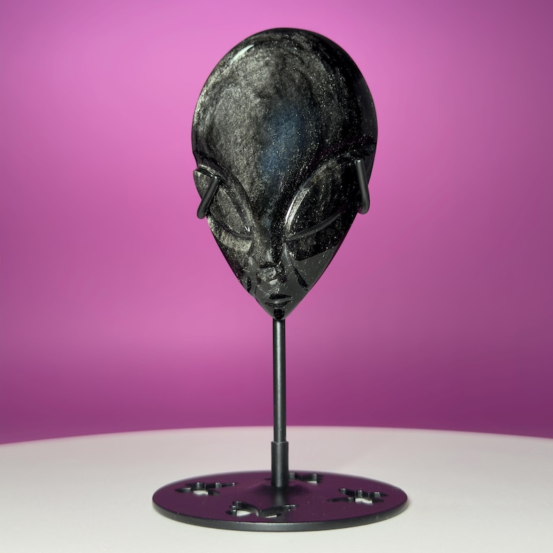 Silver Sheen Obsidian Alien Face Carving, Crystal Display Stand ...