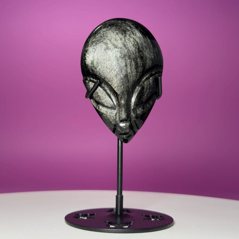 Silver Sheen Obsidian Alien Face Carving, Crystal Display Stand ...
