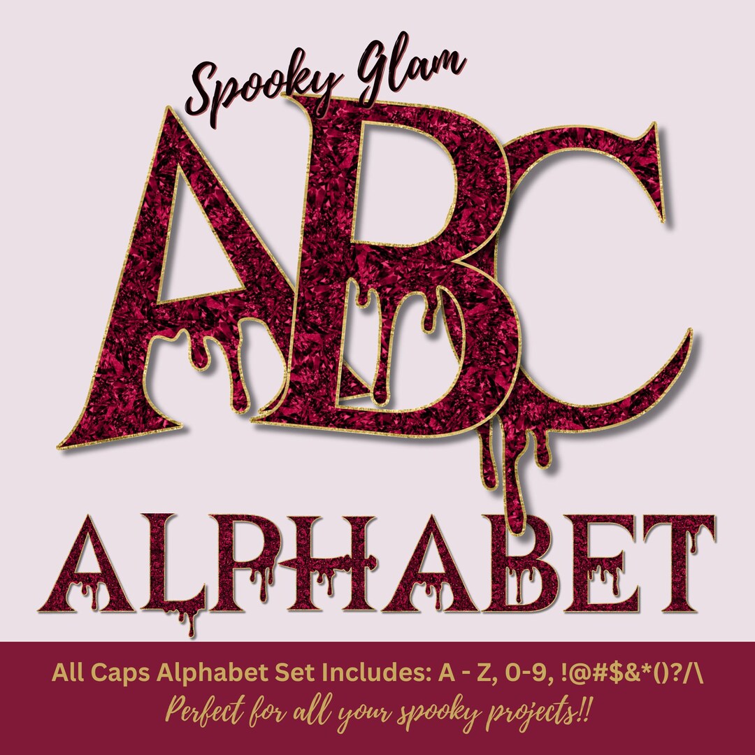 Spooky Halloween Horror Alphabet Set, Ruby Gemstone and Gold Foil Look ...
