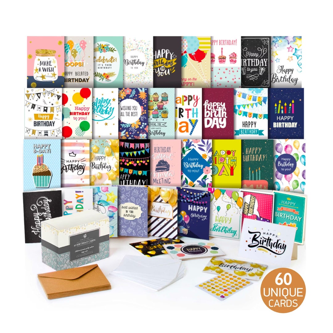 60 Unique Happy Birthday Cards Bulk Set - Assorted Designs - Etsy