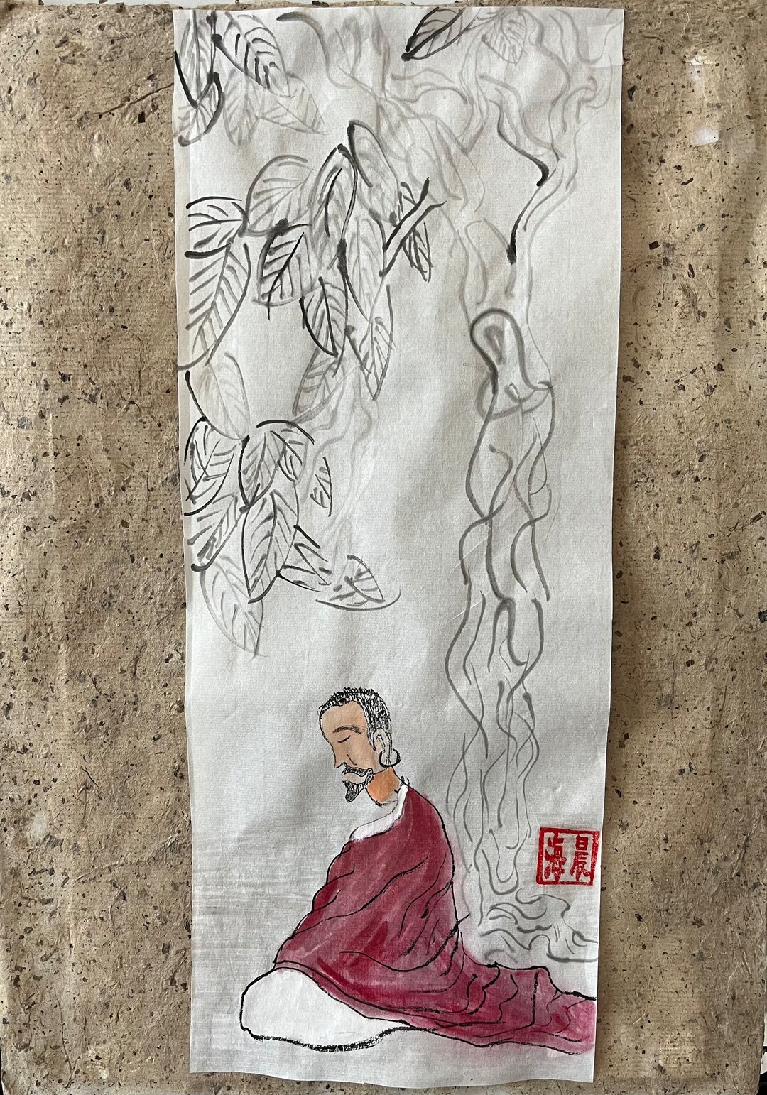 Framed Buddha Under Tree Painting, Watercolor Brush Painting ...