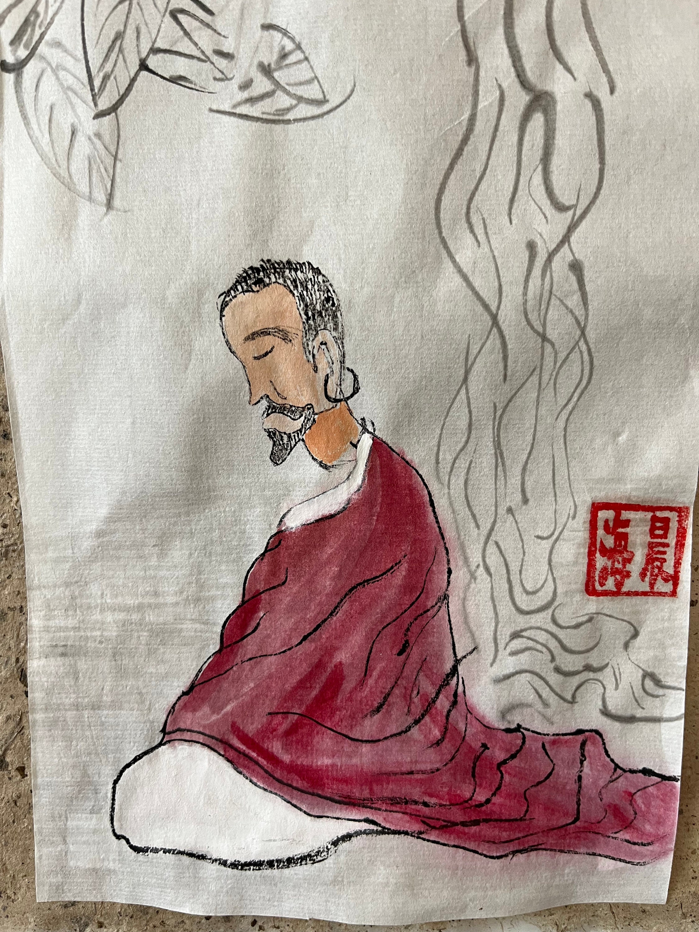 Framed Buddha Under Tree Painting, Watercolor Brush Painting ...