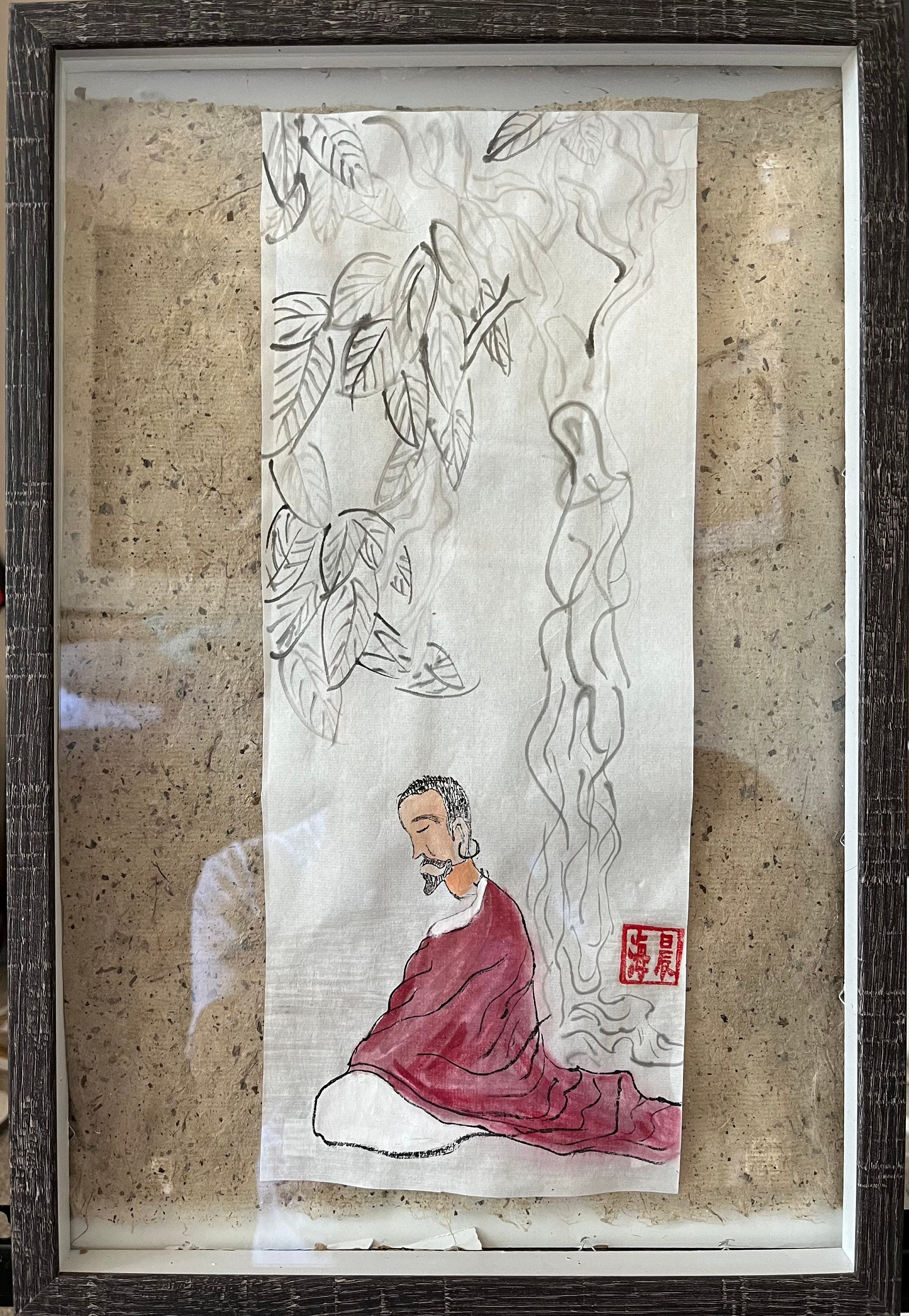 Framed Buddha Under Tree Painting, Watercolor Brush Painting ...
