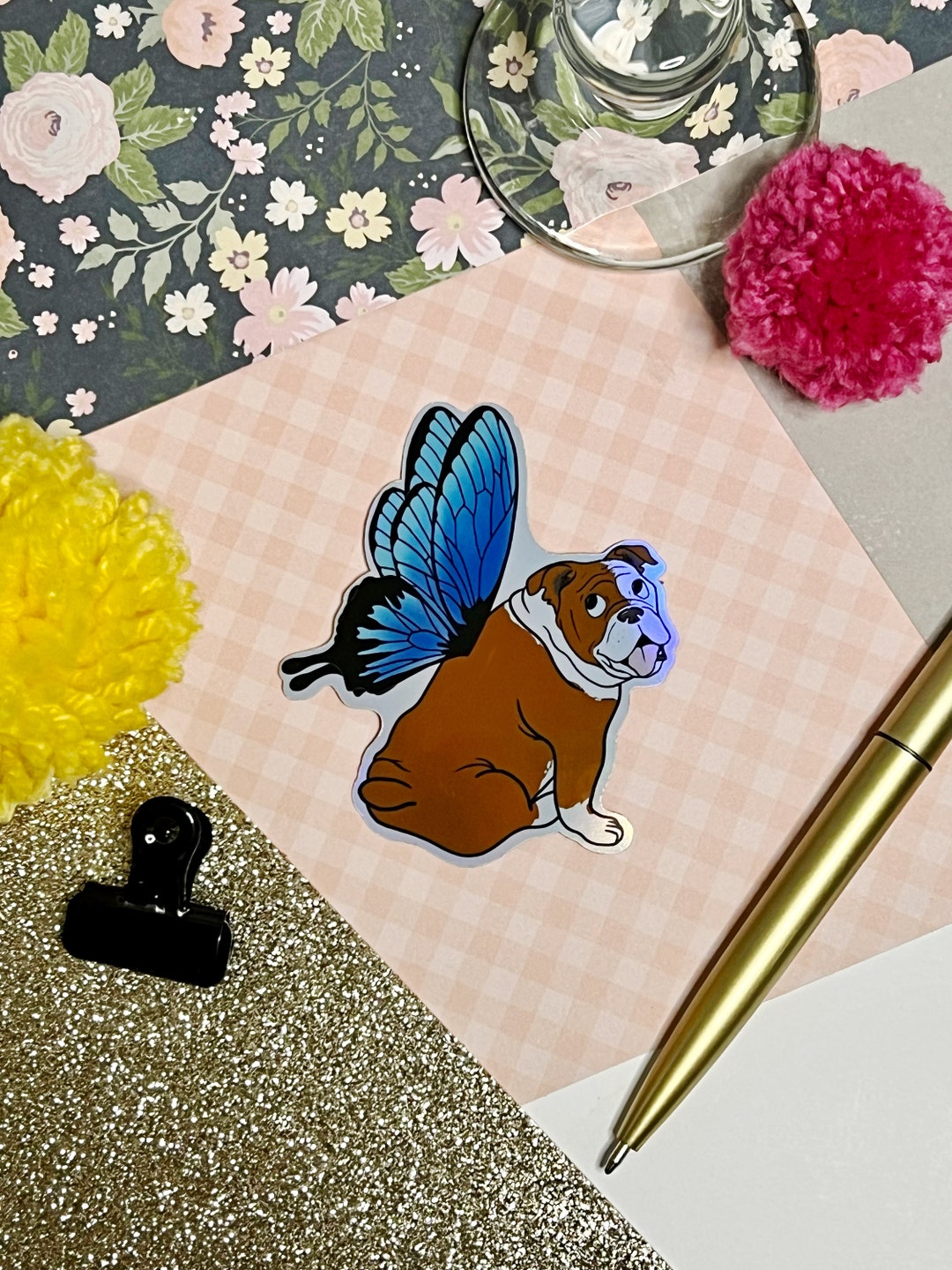 Rainbow HOLOGRAPHIC Bulldog With Butterfly Wings Springtime Vinyl ...