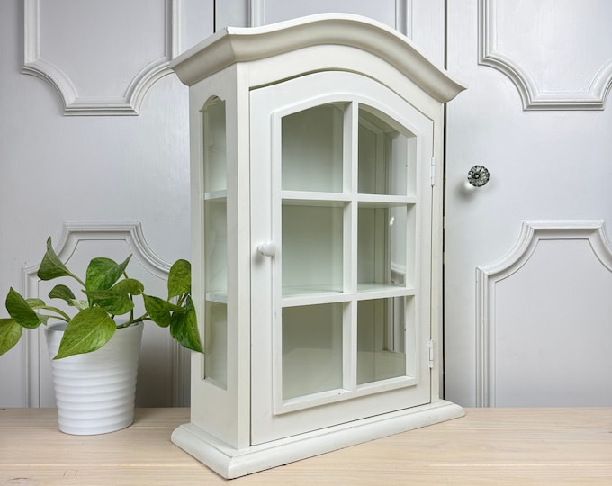 White Wooden Arched Curio Cabinet With Glass Door on Front and Glass ...