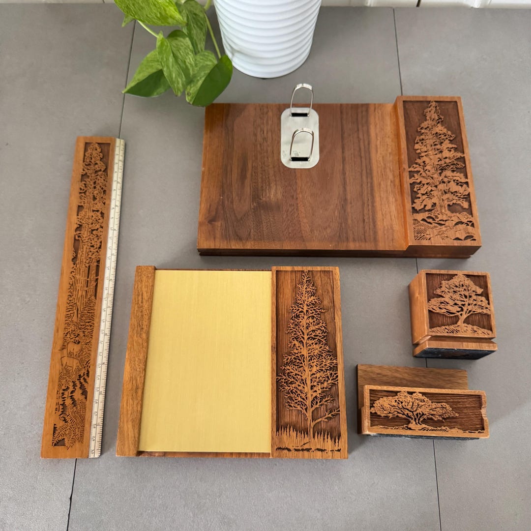 Vintage 5-piece Solid American Walnut Desk Organizer Set With Engraved ...