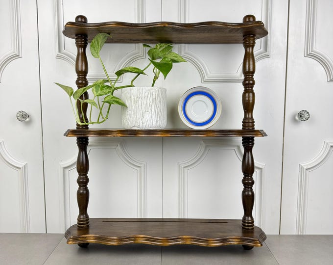 Vintage 3 Tier Wooden Wall Display Shelf With Spindles, Large Display ...