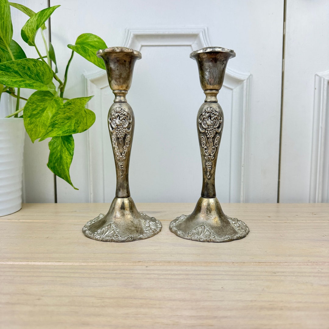 Set of 2 Vintage Godinger Silver Plated Candlestick Holders With Raised ...